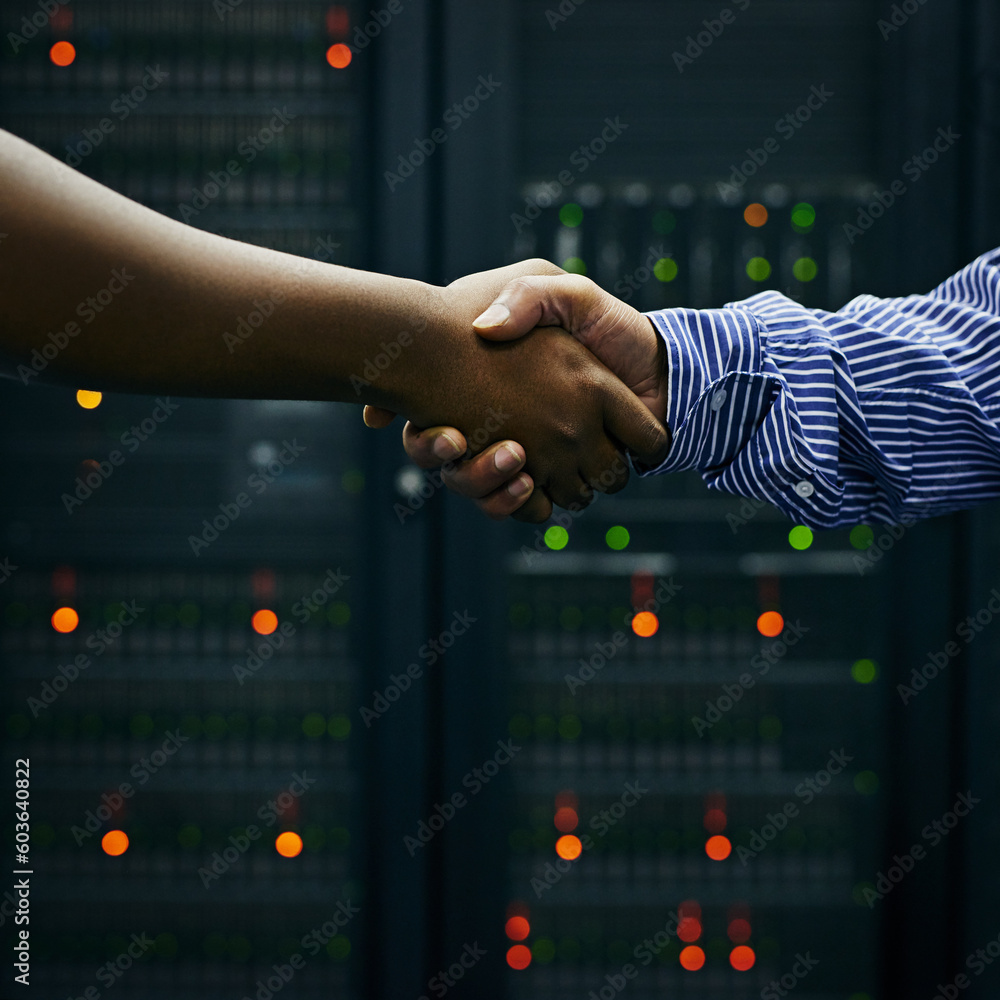 Handshake, partnership or people in server room of data center worker ...