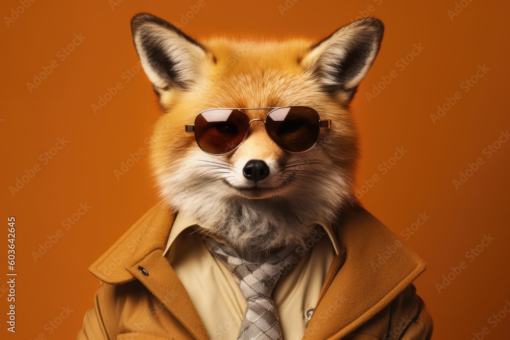 Stylish portrait of dressed up imposing anthropomorphic handsome fox ...