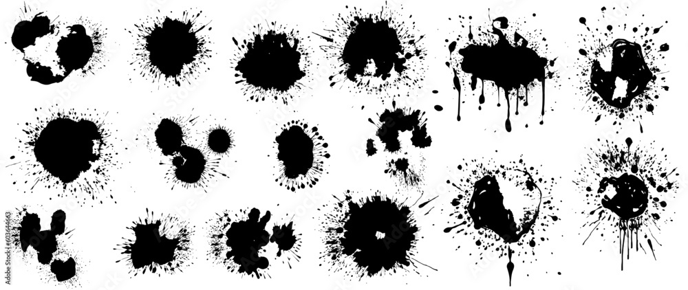 Black ink spots set on white background. Set of black splashes. Vector ...