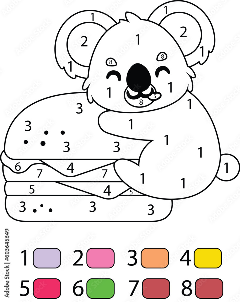 Koala Color By Number Coloring Pages Stock Vector | Adobe Stock