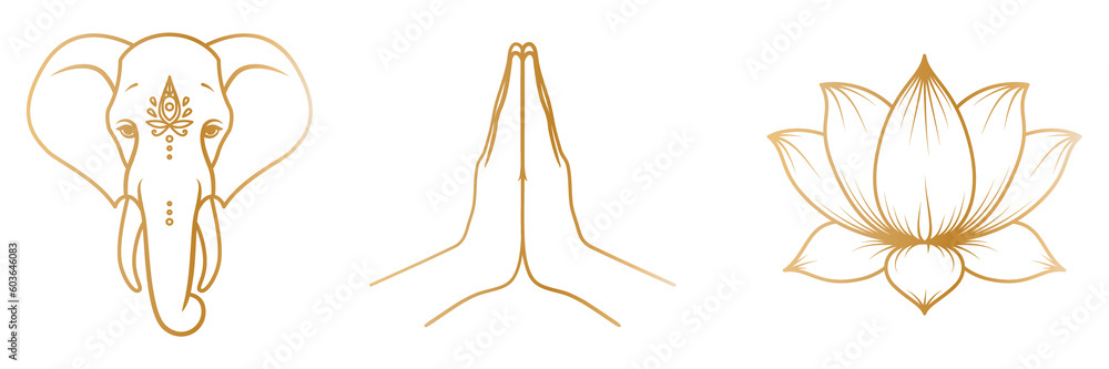 Golden elephant head, lotus flower and hands in mudra Namaste in ...