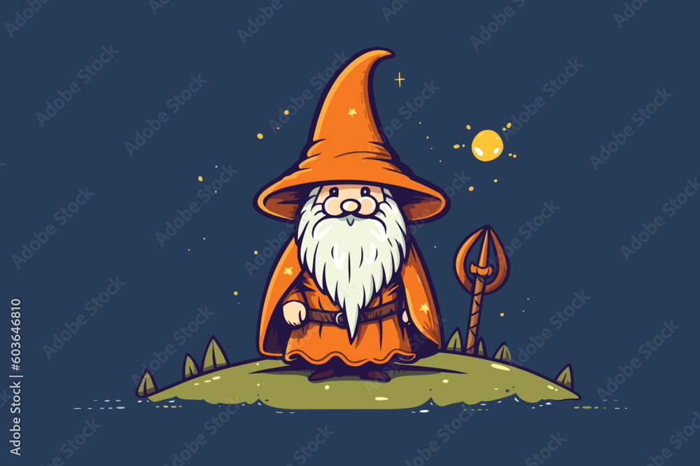 Doodle inspired Wizard at cave, cartoon sticker, sketch, vector ...