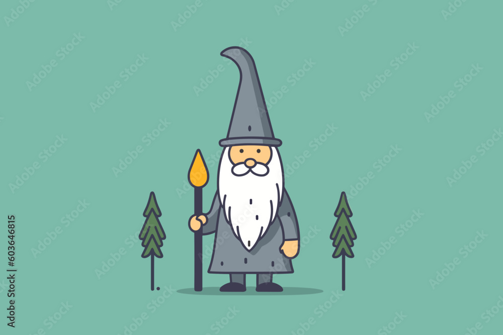 Doodle inspired Wizard at forest, cartoon sticker, sketch, vector ...