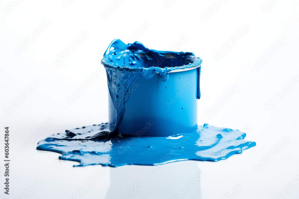 Bote de pintura azul derramada sobre fondo blanco. Generative ai. Stock ...