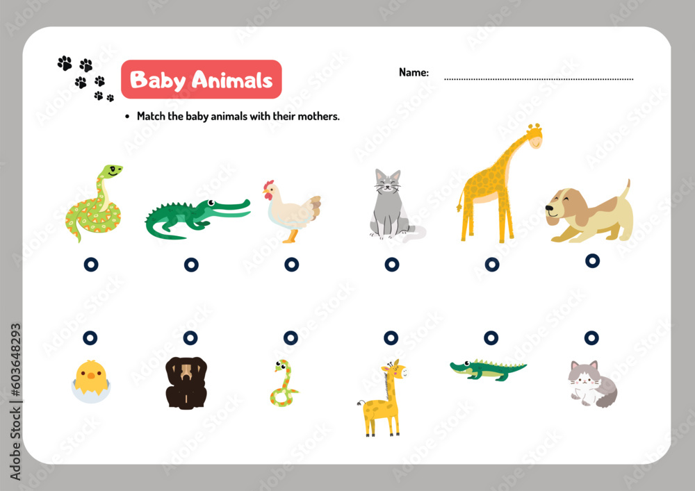 Match Baby Animals Worksheet Matching Cute Activity 7 years old 6 years ...