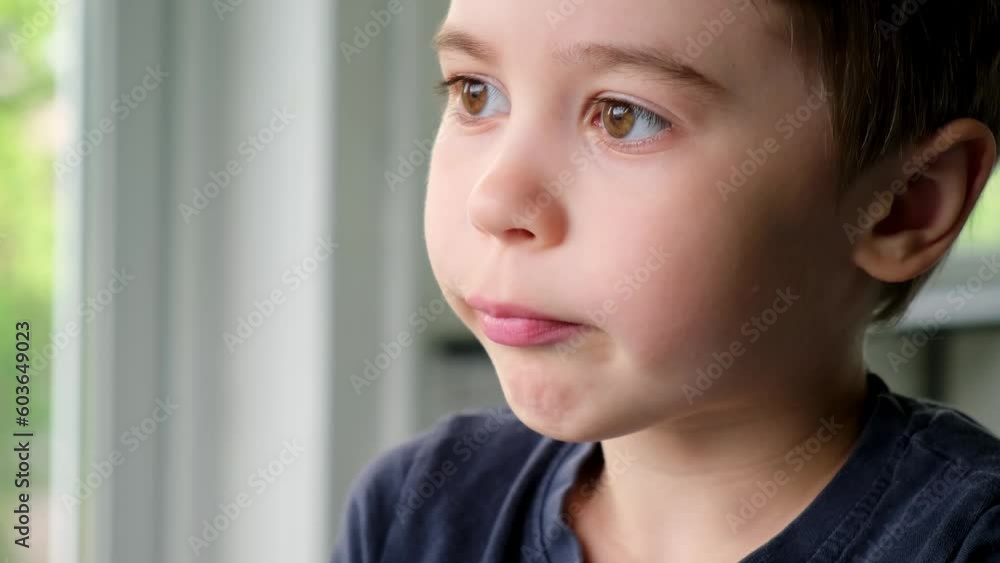6 year cute little preschool boy eating something. The child chewing ...