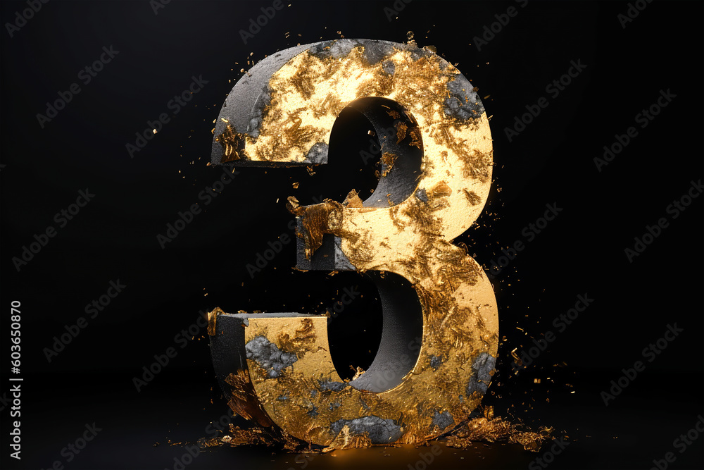 Stone style font.Golden number 3, three, forged from stone. third place ...