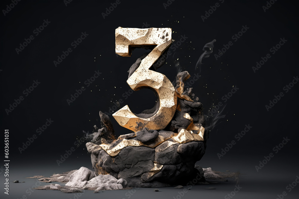 Stone style font.Golden number 3, three, forged from stone. third place ...