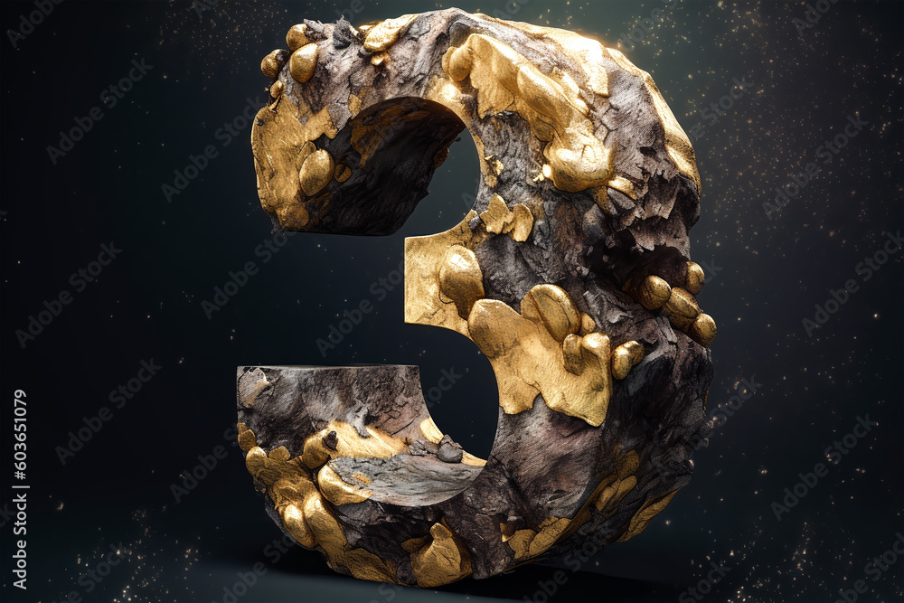 Stone style font.Golden number 3, three, forged from stone. third place ...