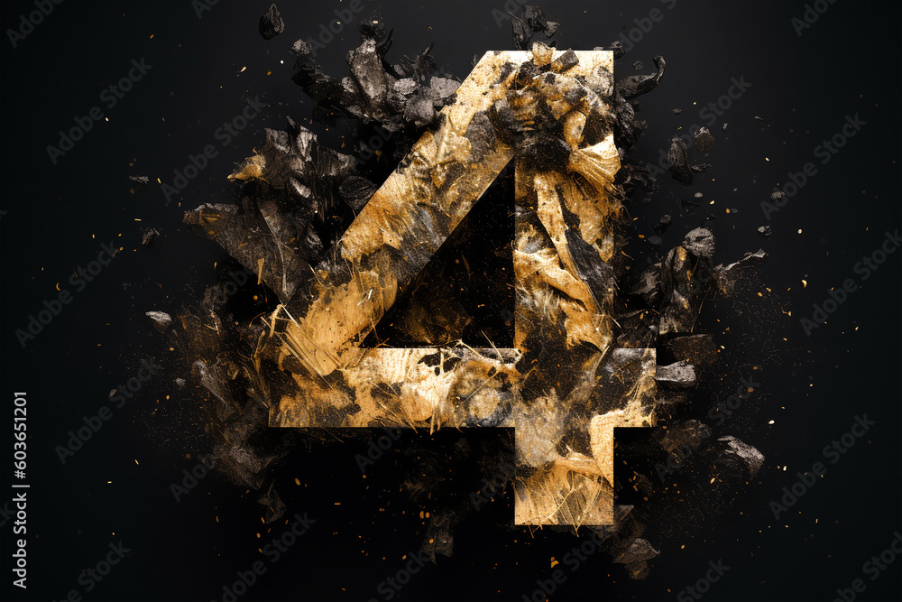 Stone style font.Golden number 4, four, forged from stone. Anniversary ...