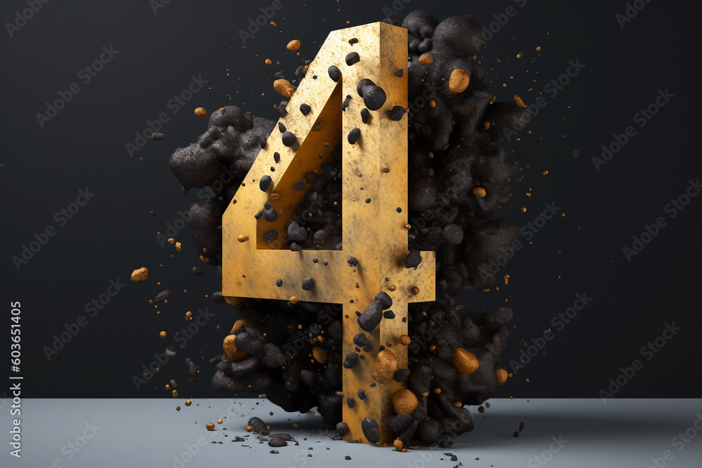 Stone style font.Golden number 4, four, forged from stone. Anniversary ...