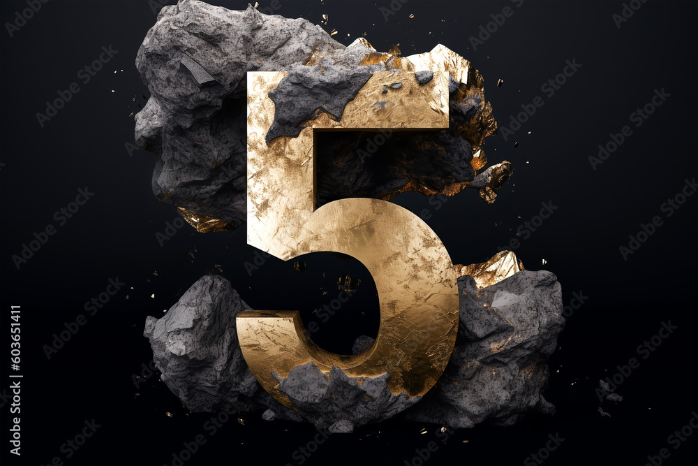 Stone style font.Golden number 5, five, fifth, forged from stone ...