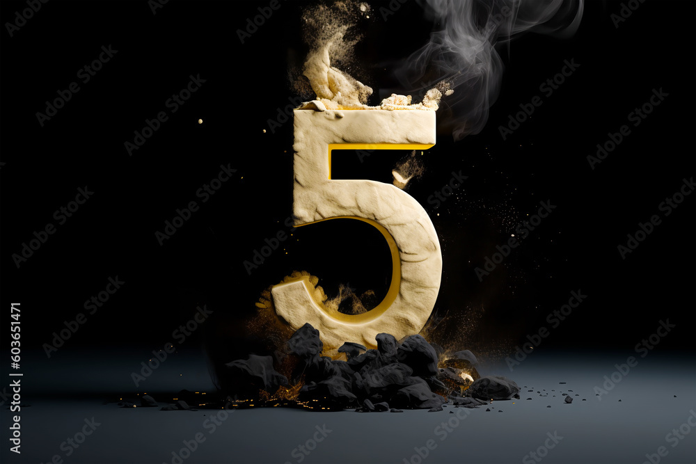Stone style font.Golden number 5, five, fifth, forged from stone ...