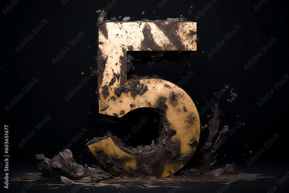 Stone style font.Golden number 5, five, fifth, forged from stone ...