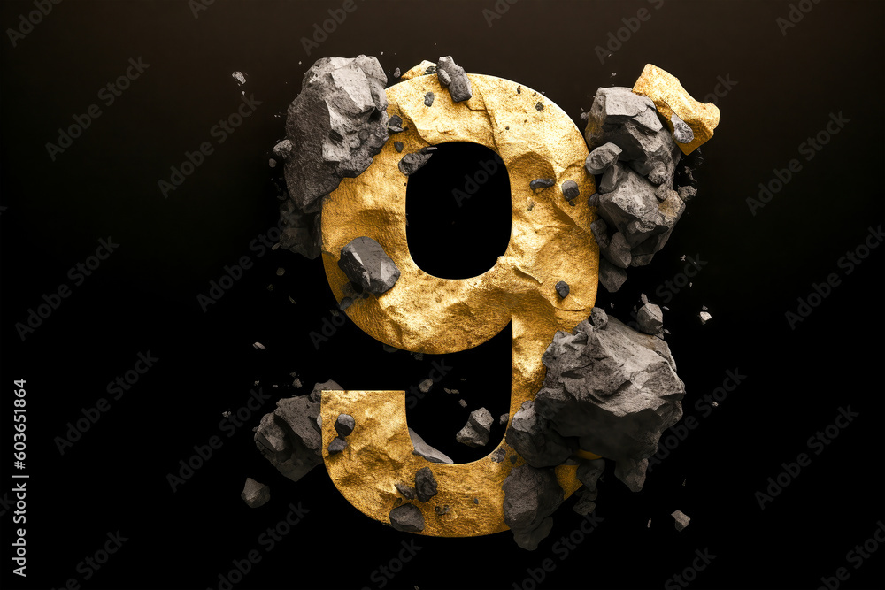 Stone style font.Golden number 9,nine, forged from stone. Anniversary ...