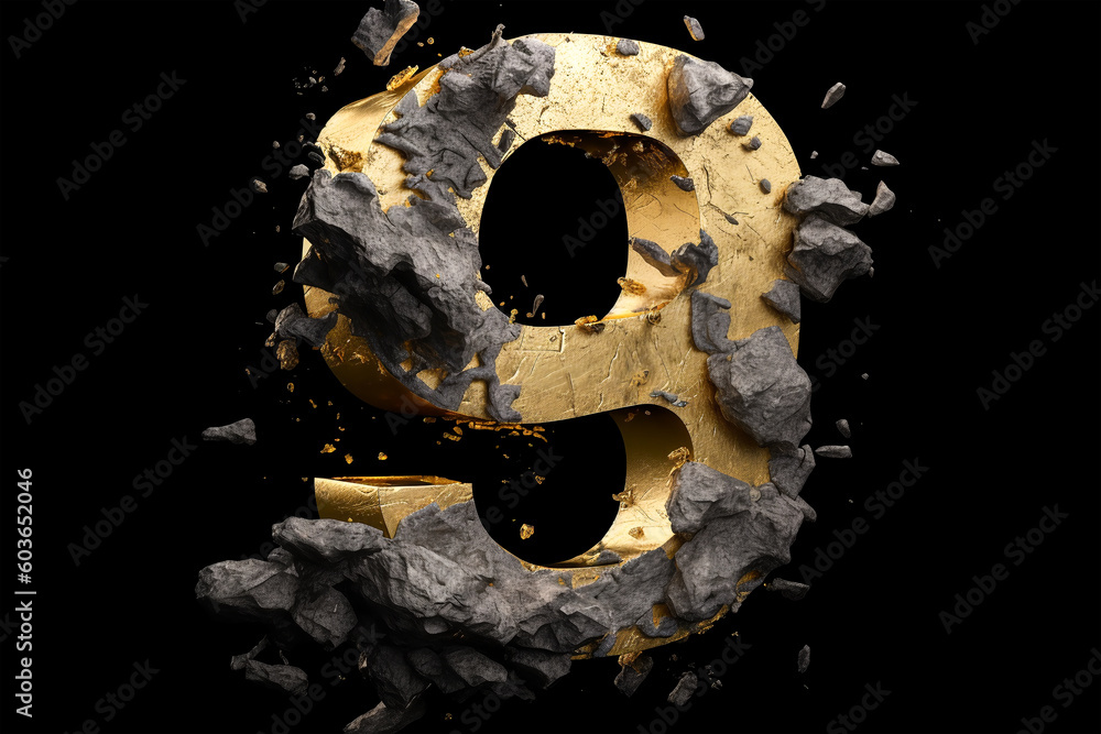 Stone style font.Golden number 9,nine, forged from stone. Anniversary ...