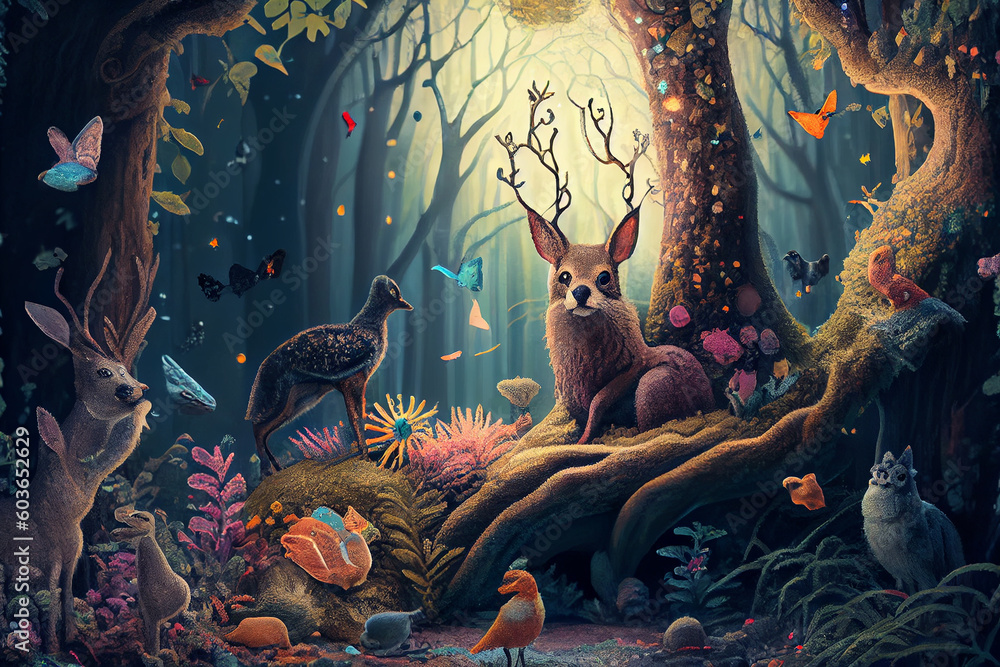 Magical fairytale forest, with lush foliage, enchanting creatures, and a sense of wonder that ...
