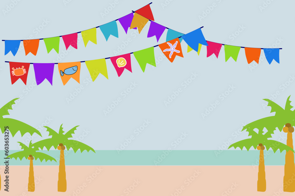 Beach garland bunting sea animal with coconut tree blue ocean ...