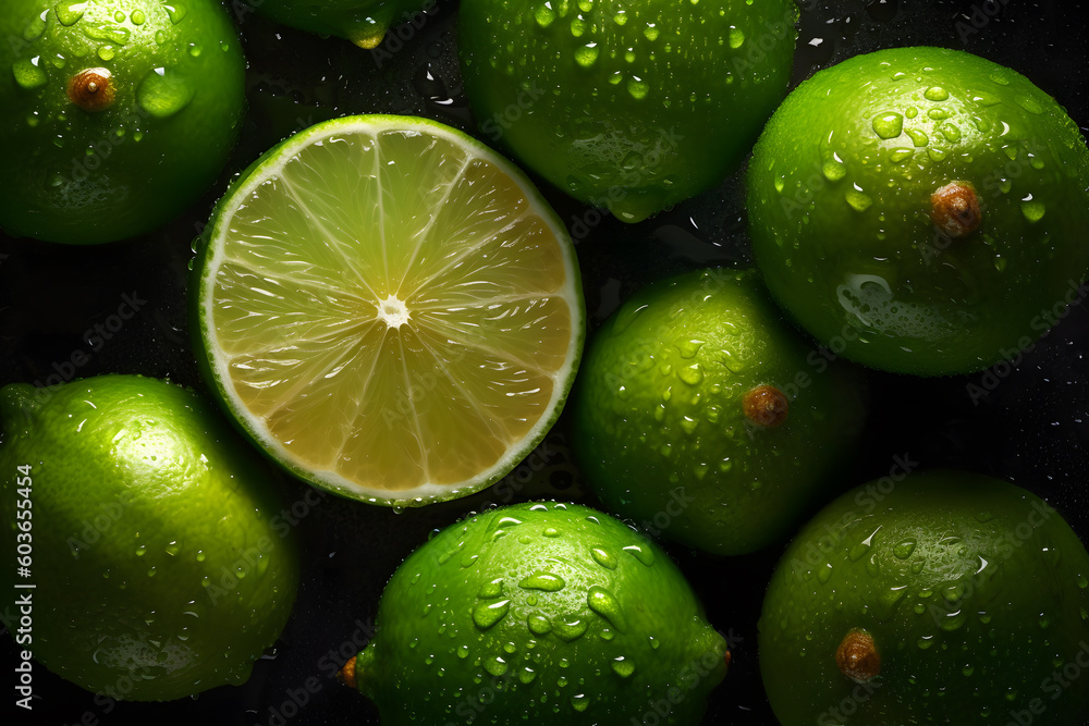Wet Limes and slices of limes with water deops on a dark wooden ...