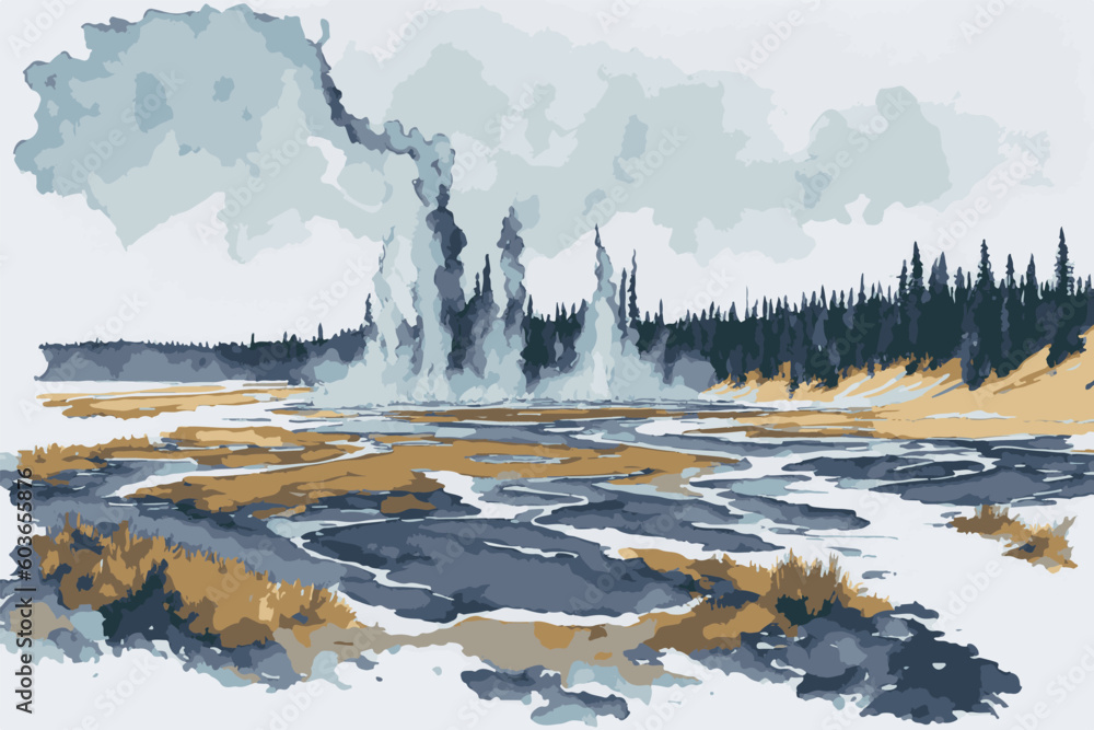 Geyser in Yellowstone. Vector illustration of Yellowstone. Panorama of ...