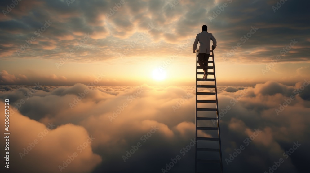 A Man Gazes at the Beautiful Sun and Sky from atop a Ladder, after ...
