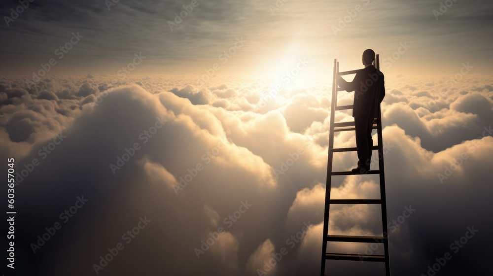 A Businessman Looks at the Beautiful Sun and Sky from atop a Ladder ...