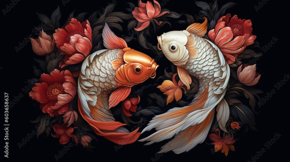 an illustration of koi fish. style of photorealistic compositions, dark ...