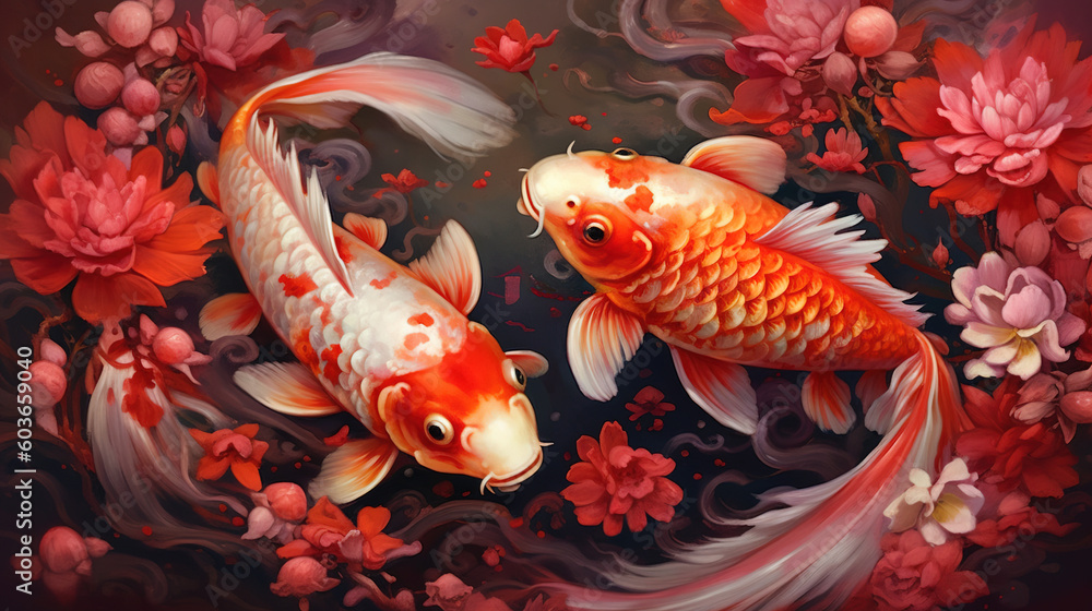 an illustration of koi fish. style of photorealistic compositions, dark ...
