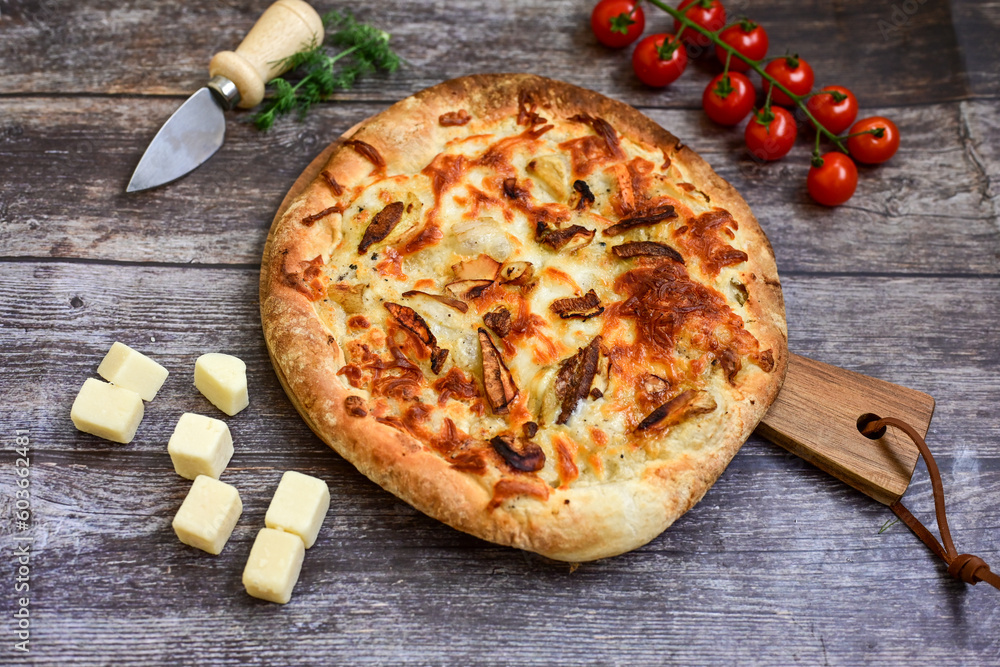 Tasty hot italian focaccia pizza with porcini mushroom,and cheese ...
