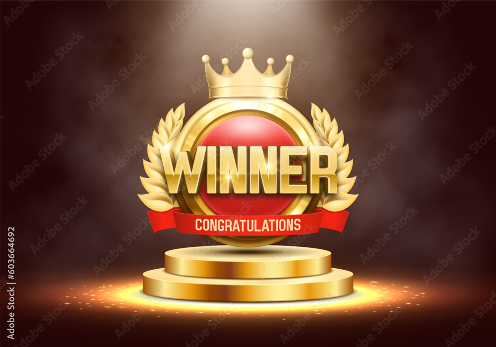 Winner award. Golden laurel wreath with crown on podium. Vector ...