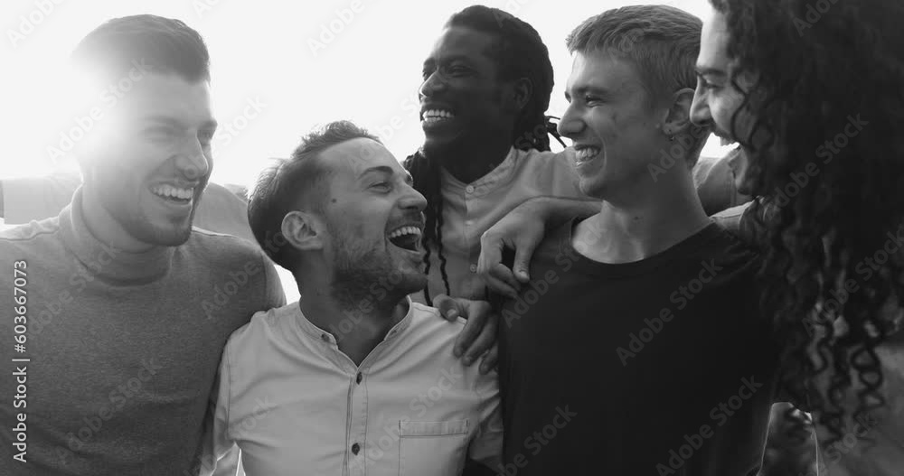 Happy male friends having fun together outdoor at sunrise - Group of ...