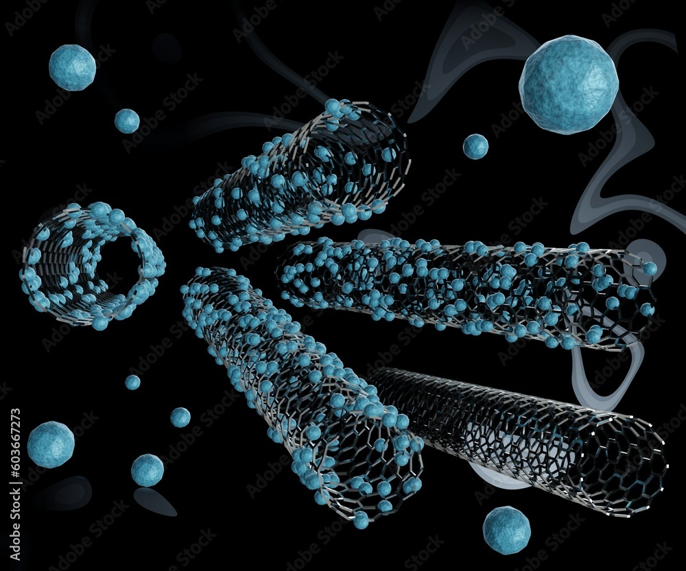 Carbon nanotubes (CNT) as carriers for drug delivery. Drug molecules conjugated on carbon ...