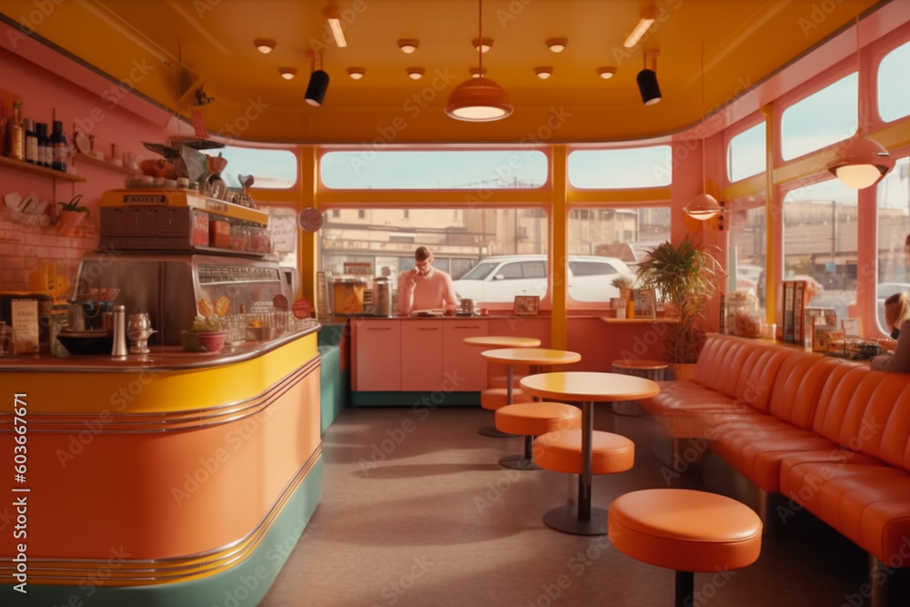 The bright and colorful interior of an American roadside cafe in the ...
