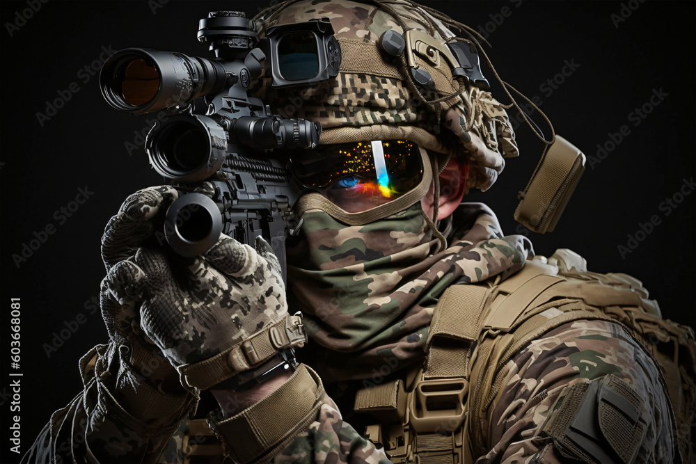 Close-up studio photo. elite unit, special forces soldier in camouflage ...