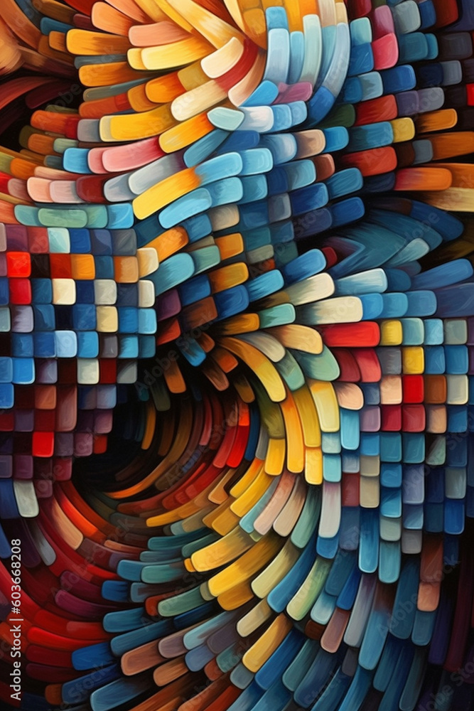 A series of abstract paintings showcasing intricate geometric patterns and optical illusions ...