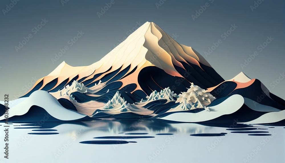 Blue mountains at sunset in traditional Japanese Ukiyoe Distant view of Mt. Fuji with waves ...