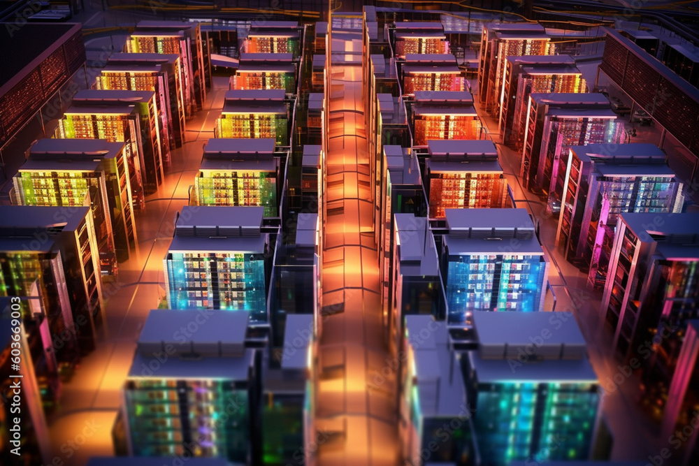 An aerial view image of a data center facility, showcasing rows of ...