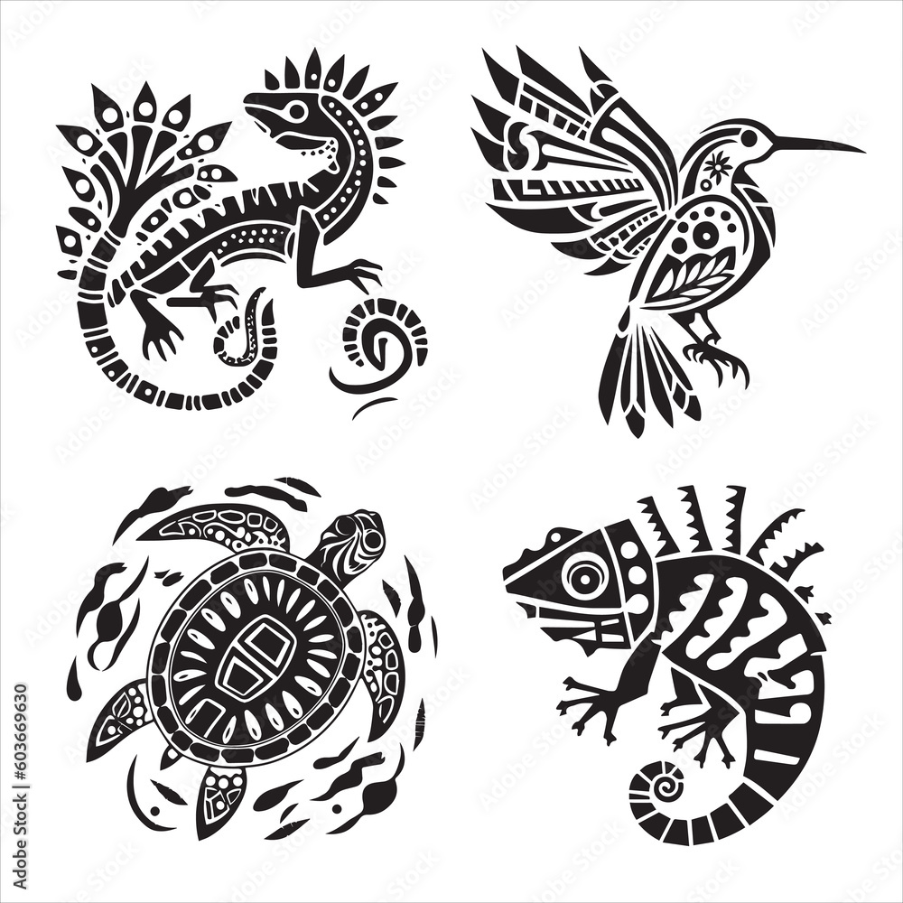 Aztec style animals turtle, bird, lizard logo vector illustration ...