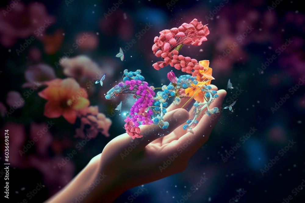 A digital illustration featuring a DNA molecule extending into a hand ...