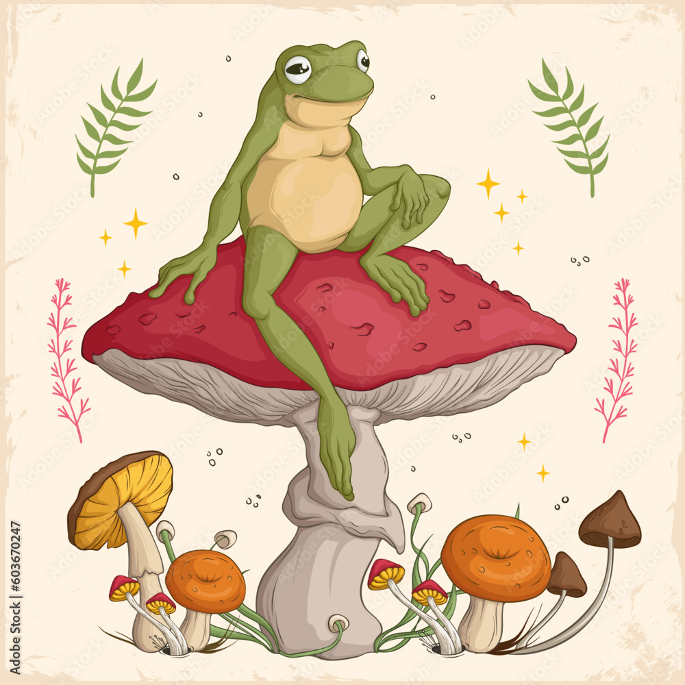 Hand drawn Cottagecore Aesthetic Goblincore Frog sitting on Mushroom ...