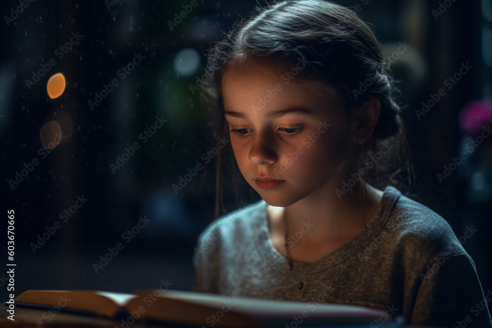 young white girl reading book at home, dramatic warm light from side ...