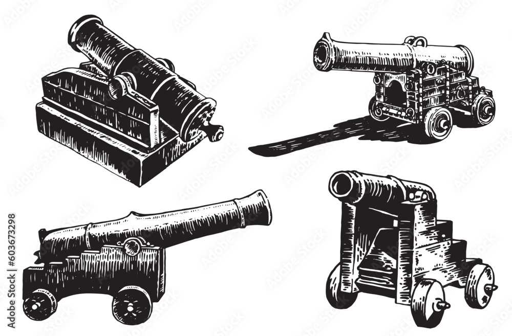 Graphical set of guns, a type of artillery piece isolated on white ...