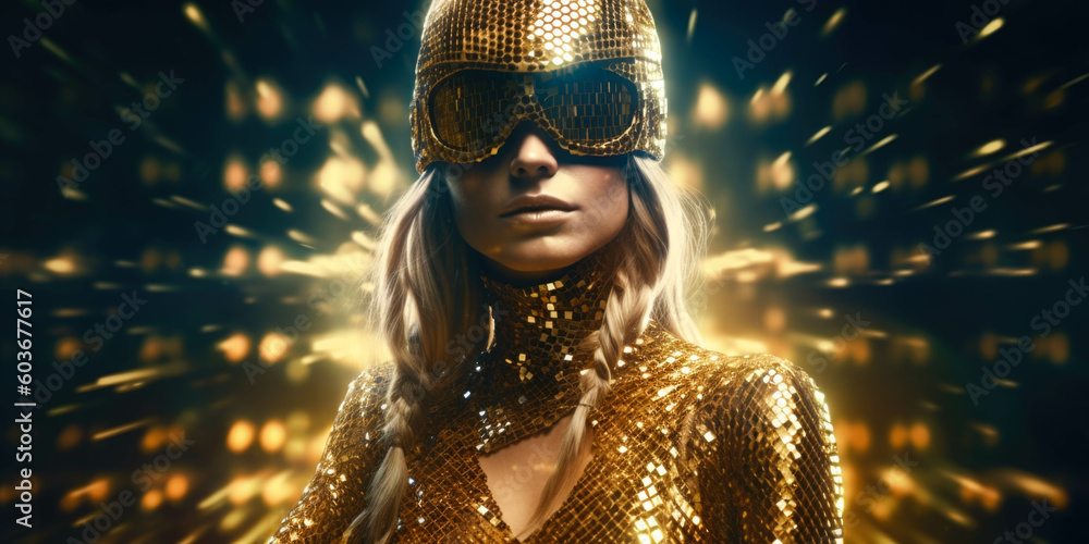 Unleashing her inner disco diva, a woman shines in a unique golden ...