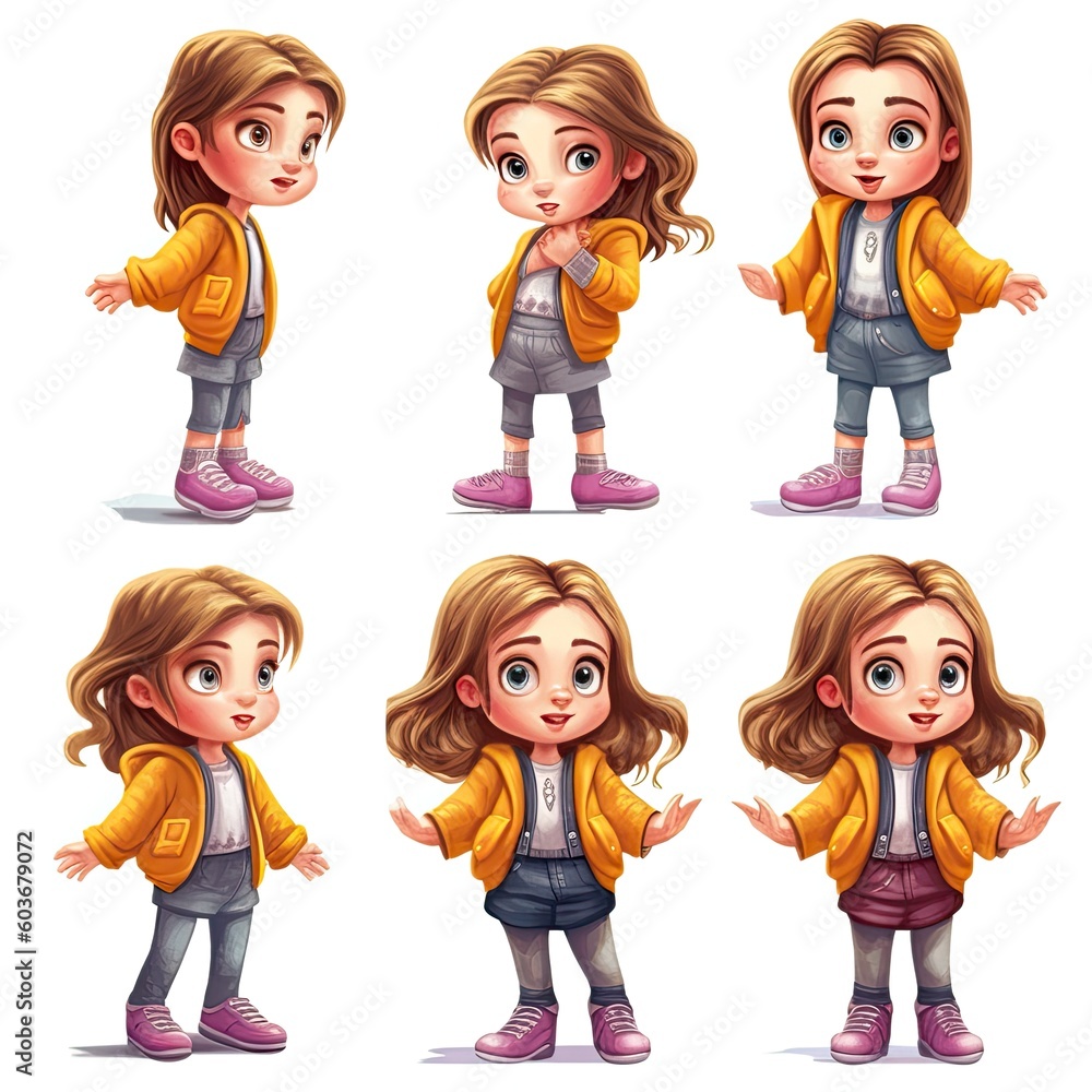 Young girl, children character, multiple poses and expressions ...