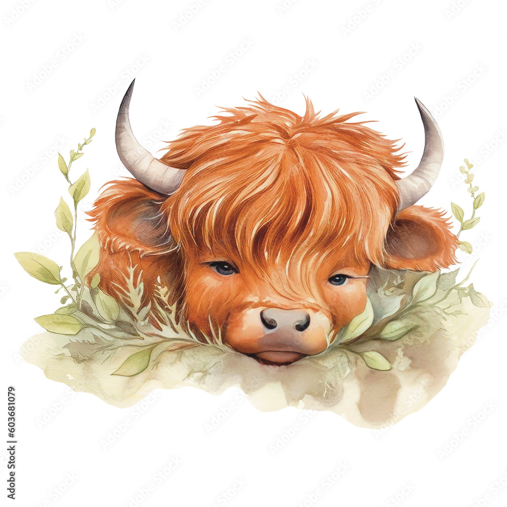 Baby Highland Cow Sleeping Watercolor Clipart, made with Generative AI ...
