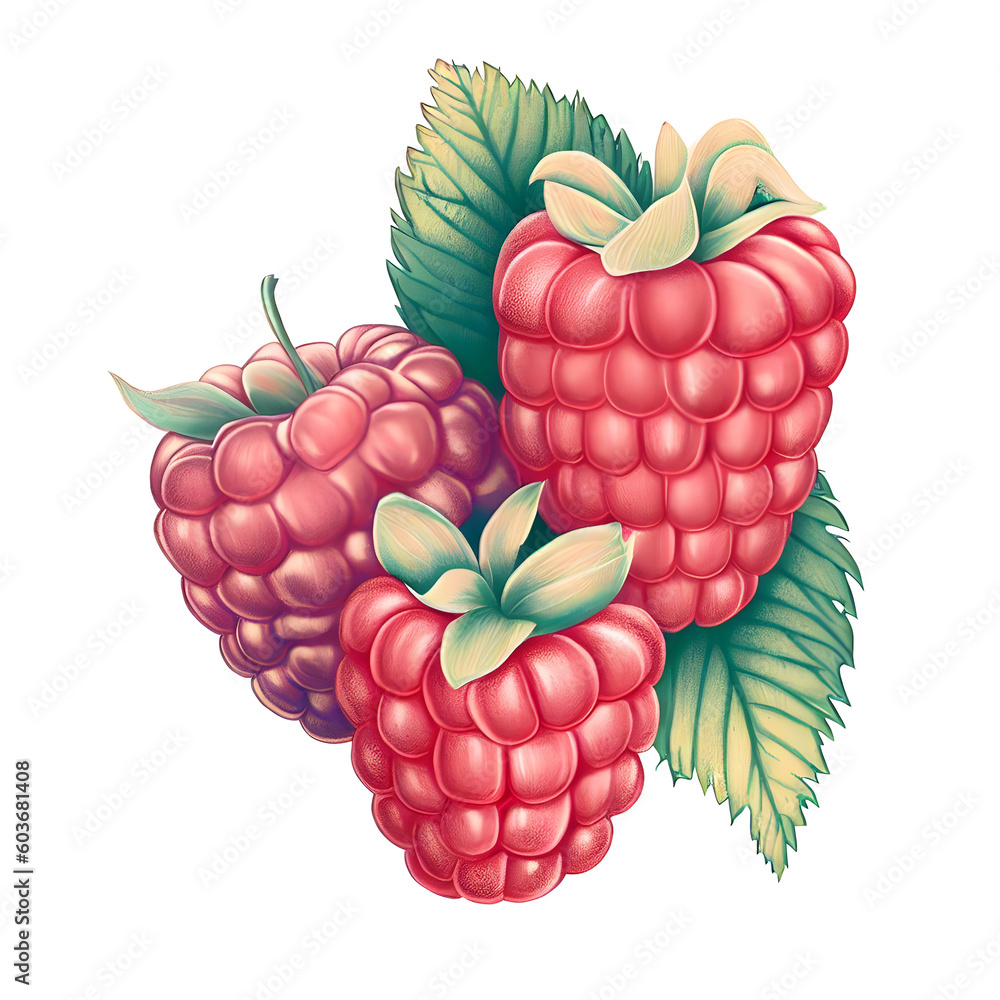 raspberries colored pencil drawing illustration isolated on white ...