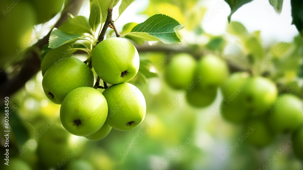Soft focus image of a green apple cluster with shallow depth of field ...