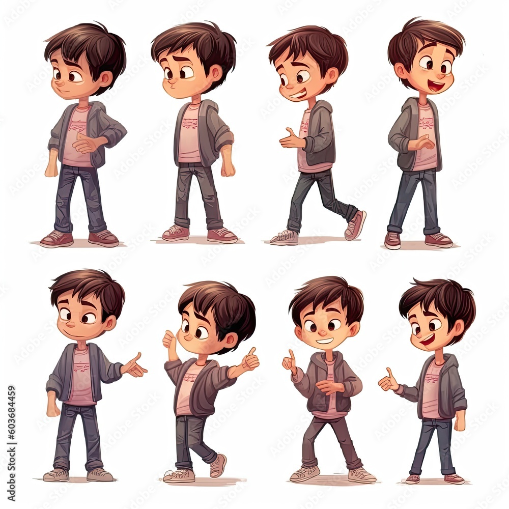 ภาพประกอบสต็อก Teen boy character, multiple poses and expressions ...