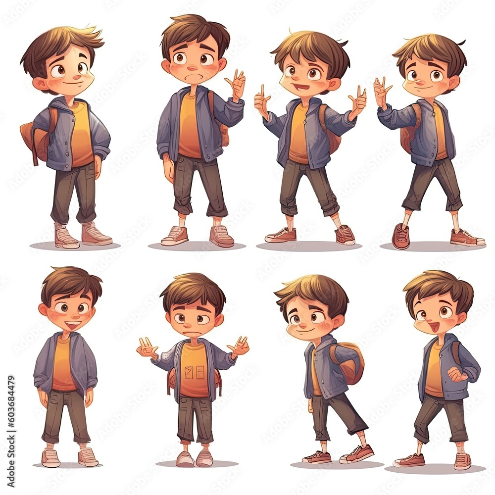 Teen boy character, multiple poses and expressions, collection ...