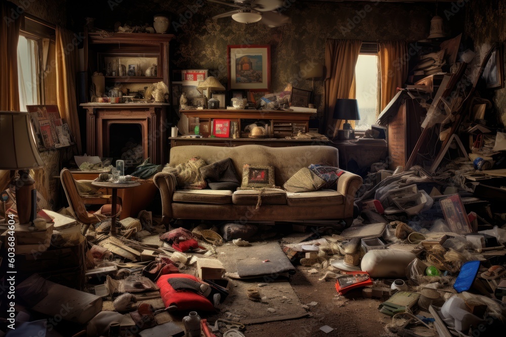 The interior of the living room of a once cozy house is incredibly ...